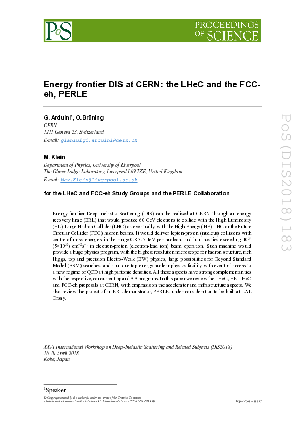 (PDF) Energy frontier DIS at CERN: the LHeC and the FCC-eh, PERLE