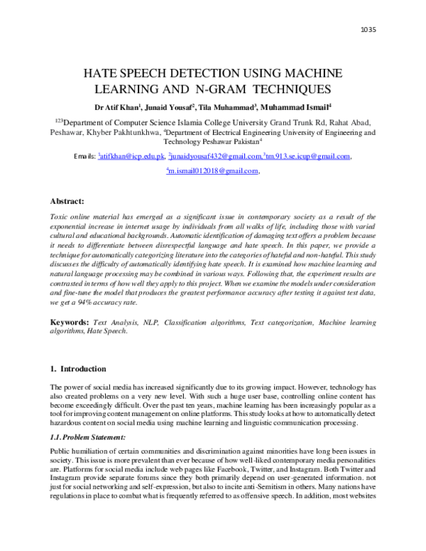 Pdf Hate Speech Detection Using Machine Learning And N Gram Techniques