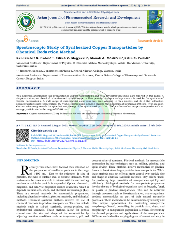 (PDF) Spectroscopic Study of Synthesized Copper Nanoparticles by ...
