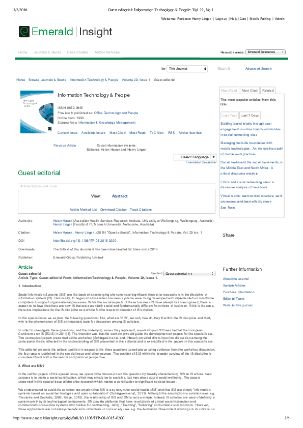 (PDF) Editorial for the Special Issue on Social Information Systems