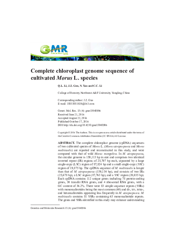 (PDF) Complete chloroplast genome sequence of cultivated Morus L. species