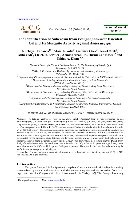 (PDF) The Identification of Suberosin from Prangos pabularia Essential Oil and Its Mosquito ...