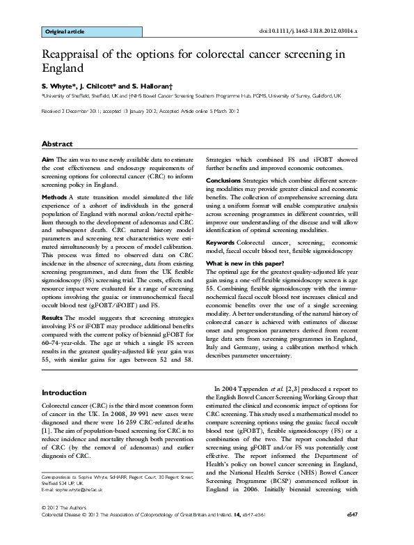 (PDF) Reappraisal of the options for colorectal cancer screening in England