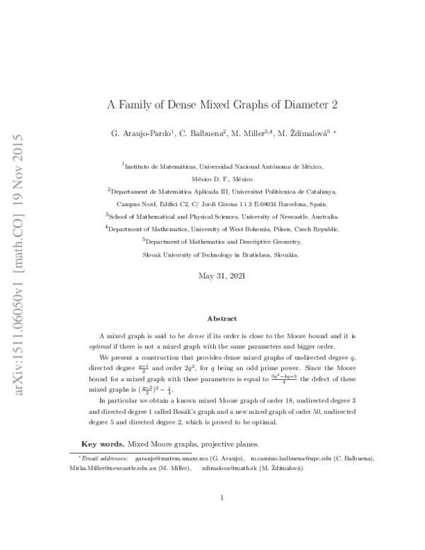 (PDF) A Family of Dense Mixed Graphs of Diameter $2$