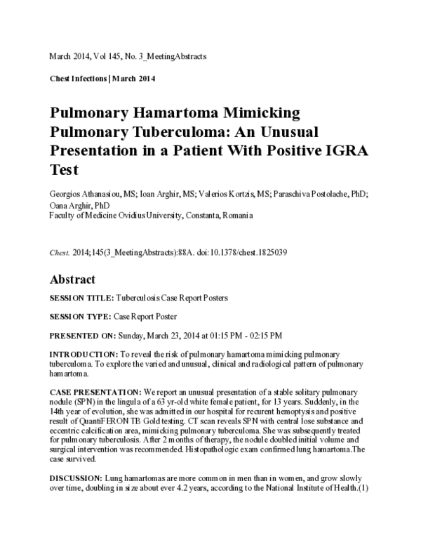 (PDF) Pulmonary Hamartoma Mimicking Pulmonary Tuberculoma: An Unusual ...