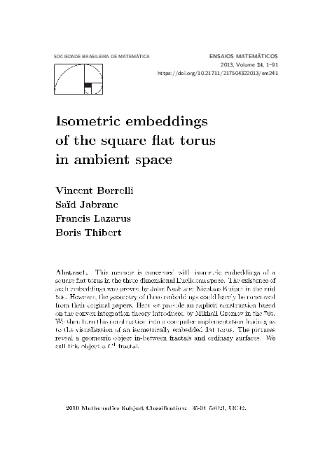 (PDF) Isometric embeddings of the square flat torus in ambient space