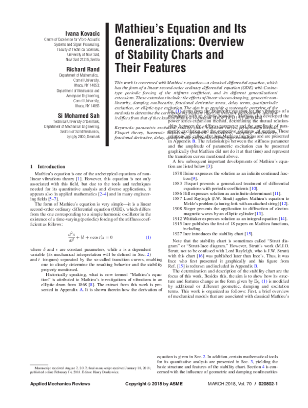 (PDF) Mathieu's Equation and Its Generalizations: Overview of Stability ...