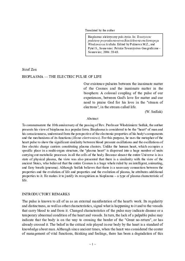 (PDF) Bioplasma - Electric pulse of life