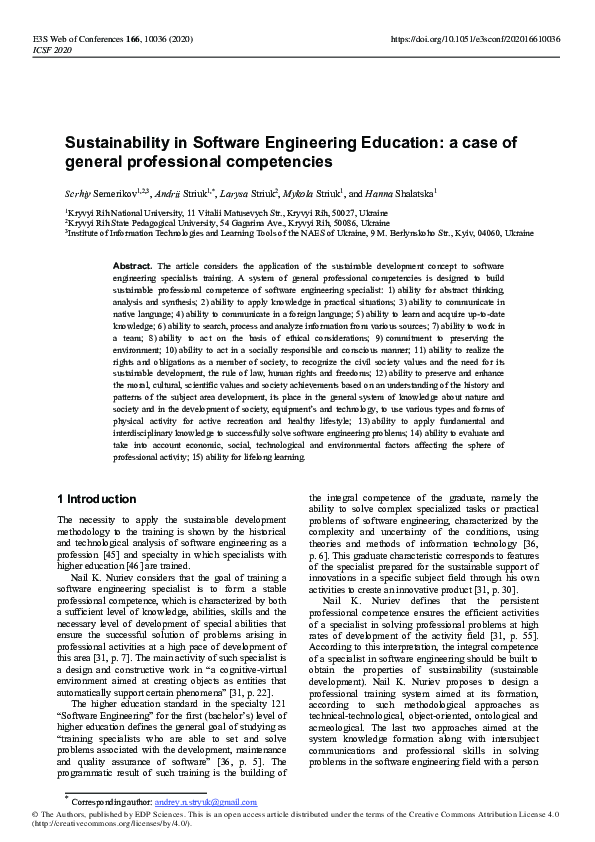(PDF) Sustainability in Software Engineering Education: a case of general professional competencies