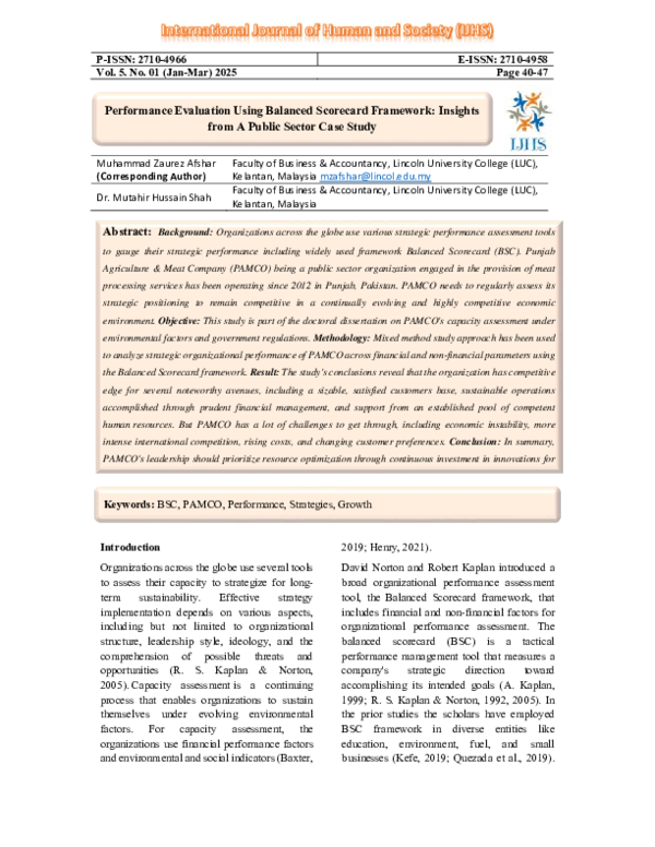 (PDF) Performance Evaluation Using Balanced Scorecard Framework Insights from A Public Sector ...