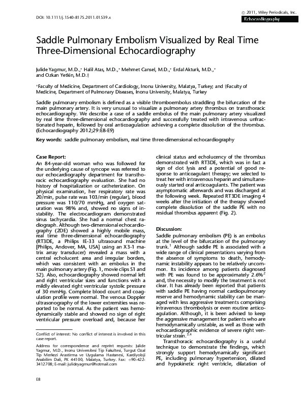 (PDF) Saddle Pulmonary Embolism Visualized by Real Time Three‐Dimensional Echocardiography