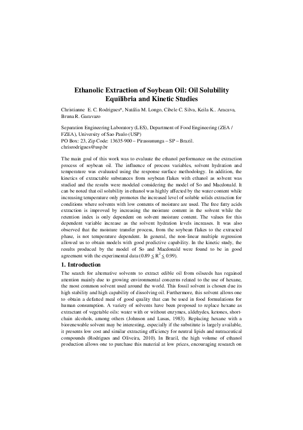 (PDF) Ethanolic Extraction of Soybean Oil: Oil Solubility Equilibria ...