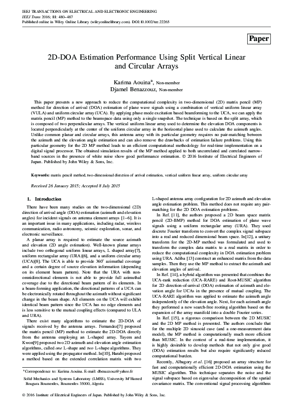 Pdf 2d‐doa Estimation Performance Using Split Vertical Linear And Circular Arrays