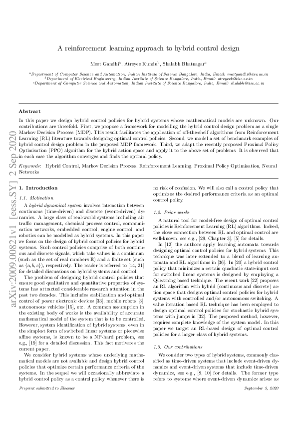 (PDF) A reinforcement learning approach to hybrid control design