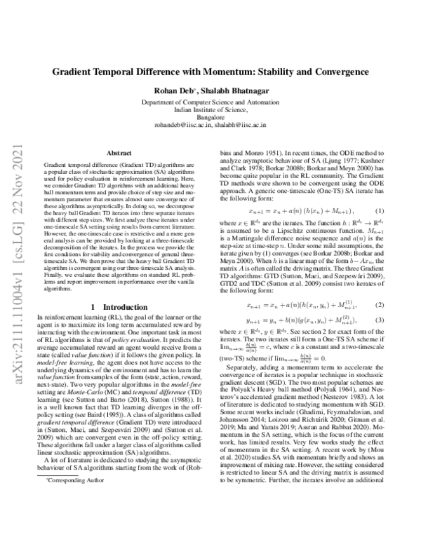 (PDF) Gradient Temporal Difference with Momentum: Stability and Convergence