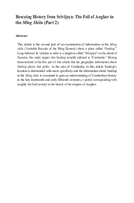 (PDF) Rescuing History from Srivijaya: The Fall of Angkor in the Ming ...