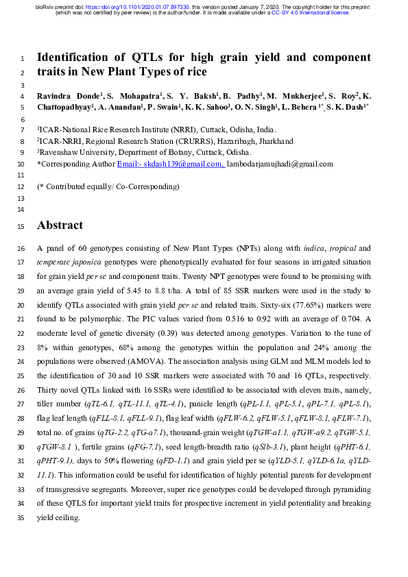 (PDF) Identification of QTLs for high grain yield and component traits in New Plant Types of rice