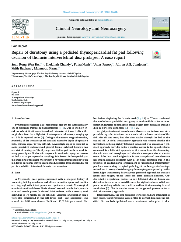 (PDF) Repair of durotomy using a pedicled thymopericardial fat pad ...