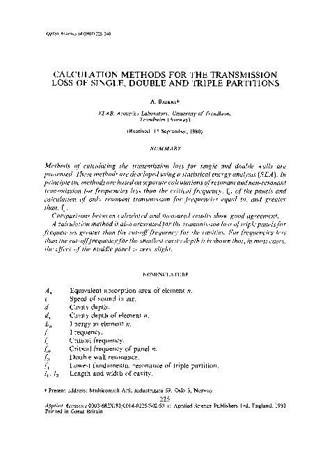 (PDF) Calculation methods for the transmission loss of single, double ...