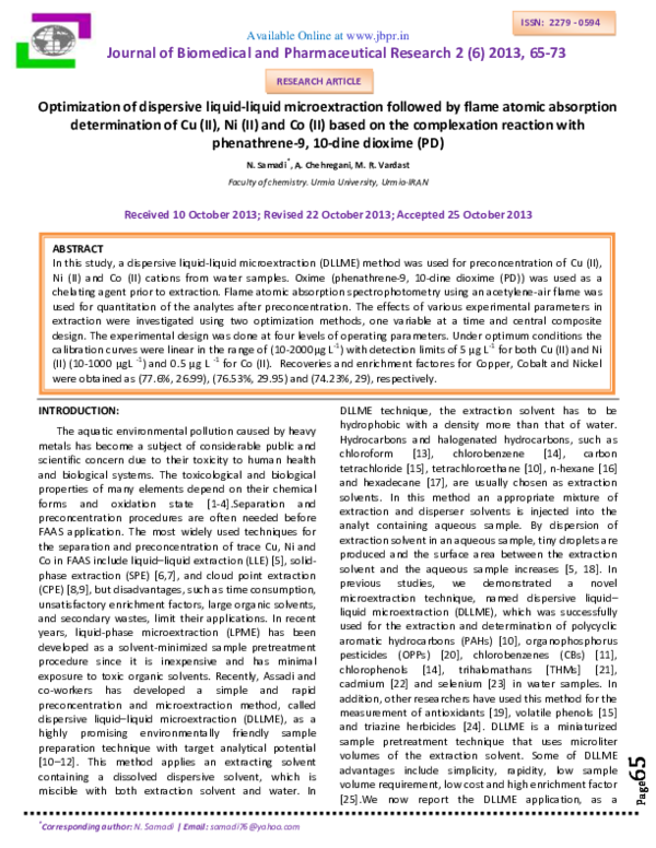 (PDF) Optimization of dispersive liquid-liquid microextraction followed by flame atomic ...