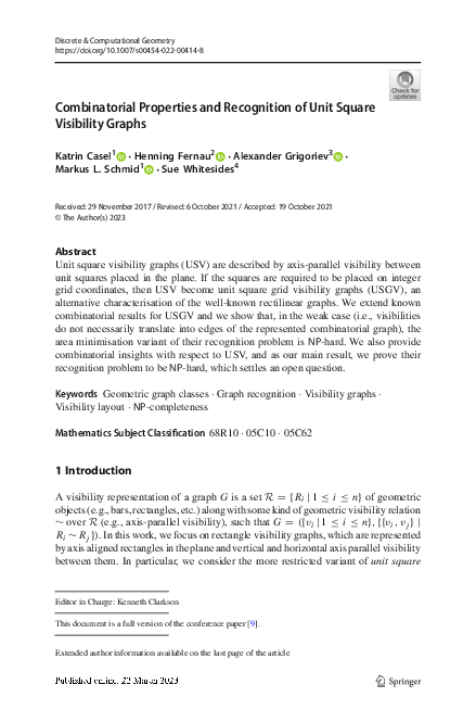 (PDF) Combinatorial Properties and Recognition of Unit Square Visibility Graphs