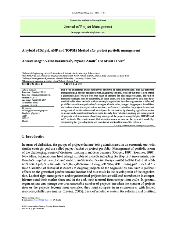 (PDF) A hybrid of Delphi, AHP and TOPSIS Methods for project portfolio ...