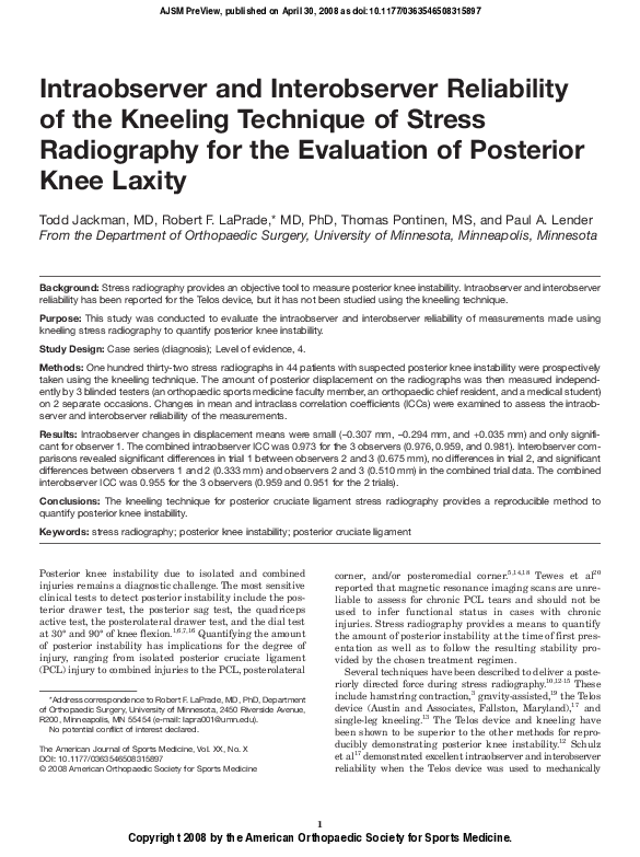 (PDF) Intraobserver and Interobserver Reliability of the Kneeling ...