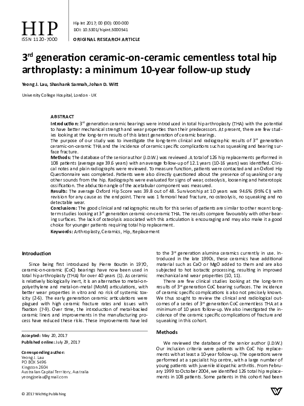 (PDF) 3rd Generation Ceramic-On-Ceramic Cementless Total Hip ...