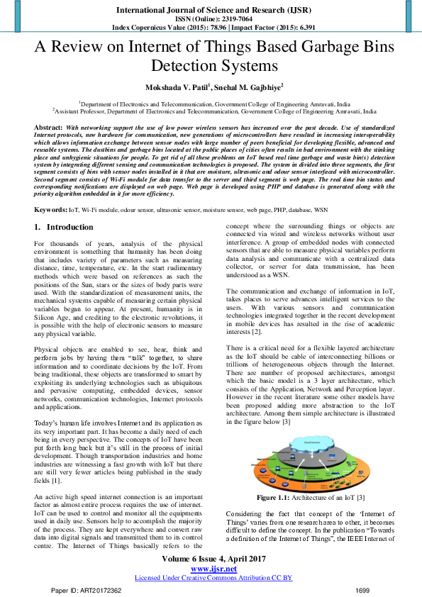 (PDF) A Review on Internet of Things Based Garbage Bins Detection Systems