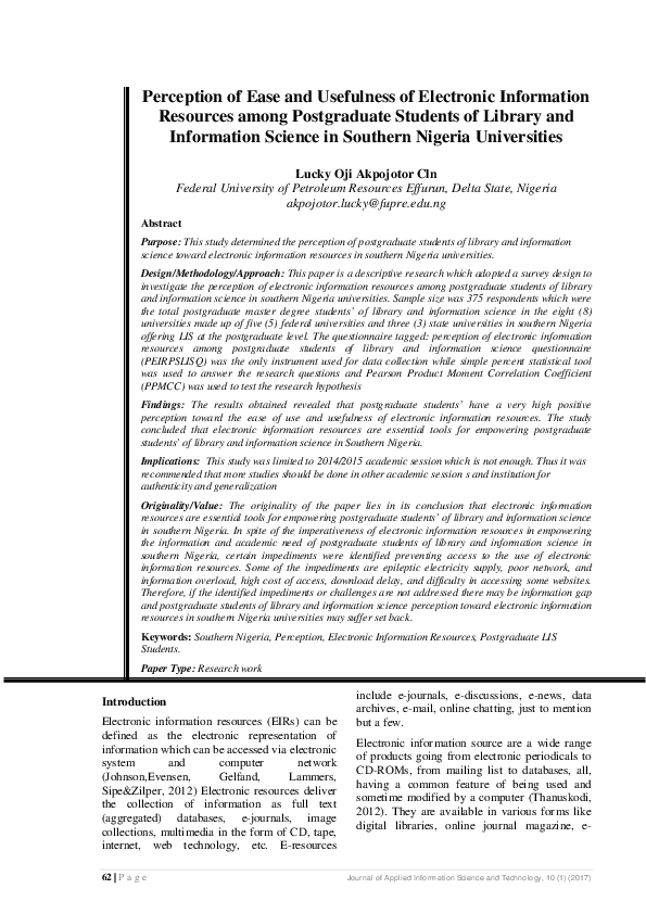 (PDF) Perception of Ease and Usefulness of Electronic Information ...