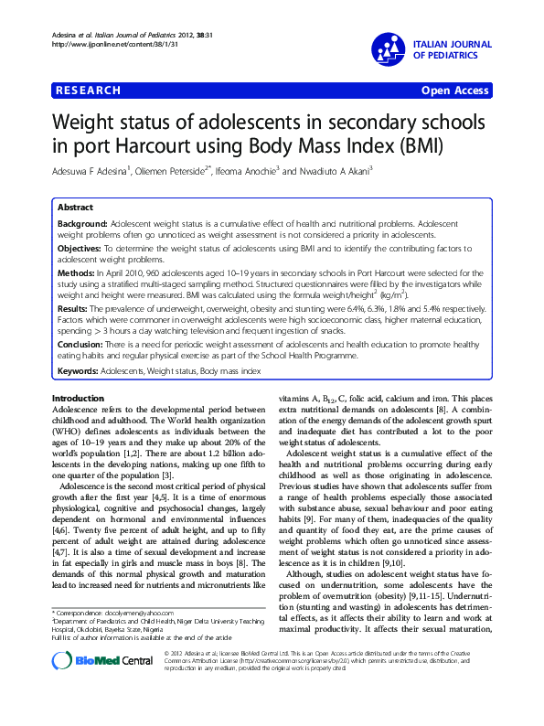 (PDF) Weight status of adolescents in secondary schools in port ...
