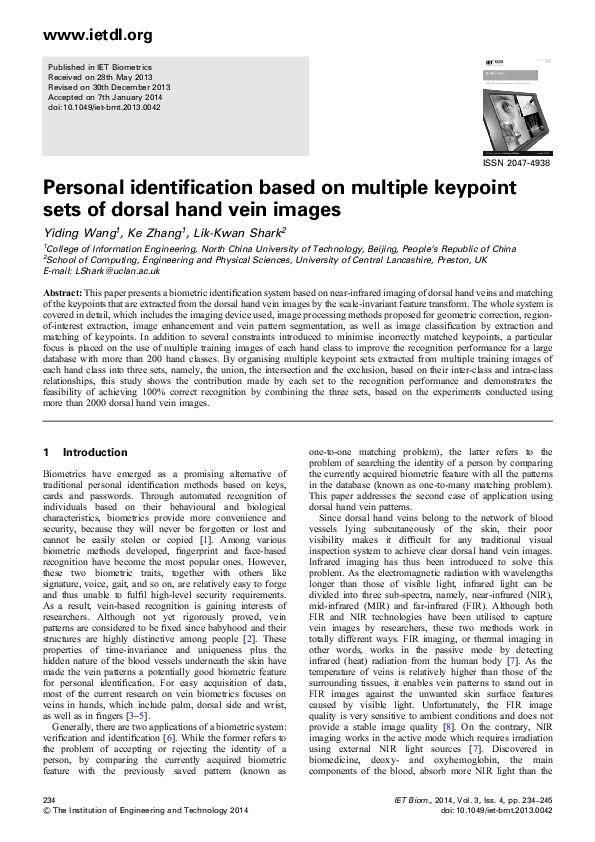 (PDF) Personal identification based on multiple keypoint sets of dorsal hand vein images