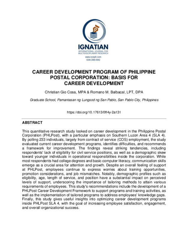 (PDF) CAREER DEVELOPMENT PROGRAM OF PHILIPPINE POSTAL CORPORATION ...