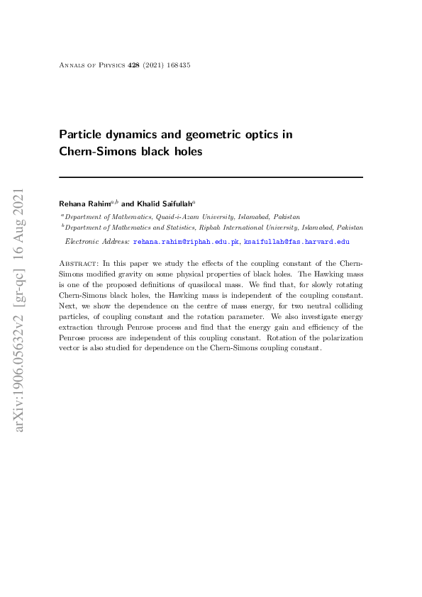 (PDF) Particle dynamics and geometric optics in Chern–Simons black holes