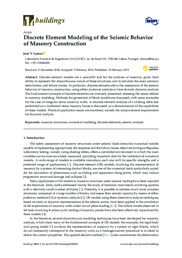 (PDF) Discrete Element Modeling of the Seismic Behavior of Masonry Construction