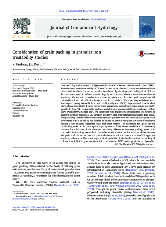 (PDF) Consideration of grain packing in granular iron treatability studies