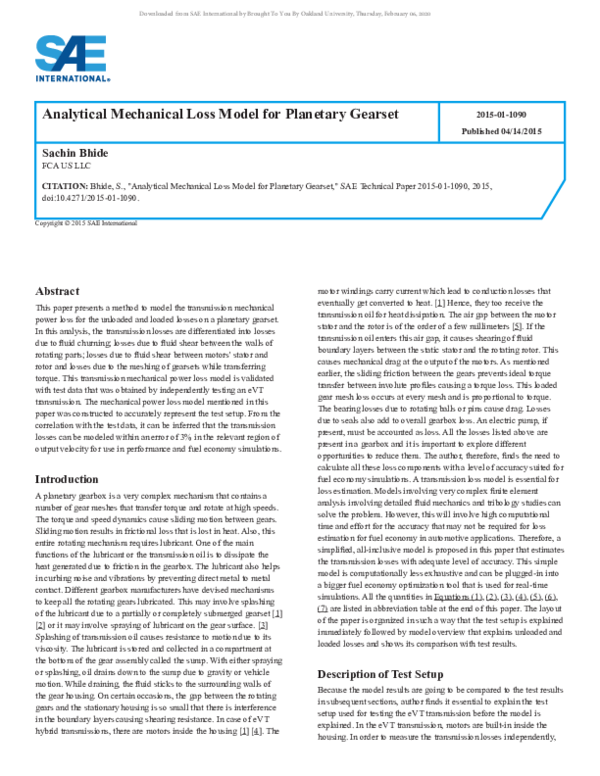 (PDF) Analytical Mechanical Loss Model for Planetary Gearset