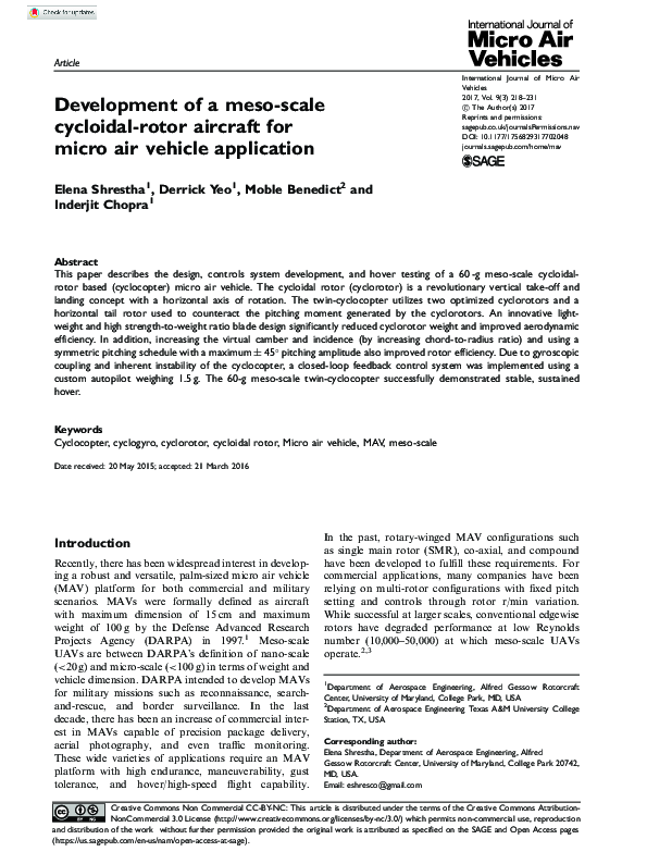 (PDF) Development of a meso-scale cycloidal-rotor aircraft for micro ...