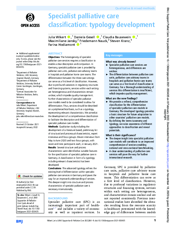 (PDF) Specialist palliative care classification: typology development