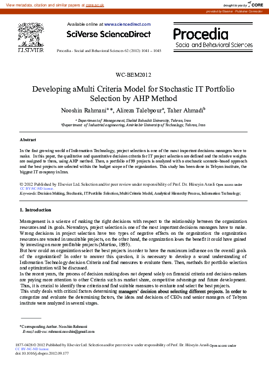 (PDF) Developing aMulti Criteria Model for Stochastic IT Portfolio Selection by AHP Method