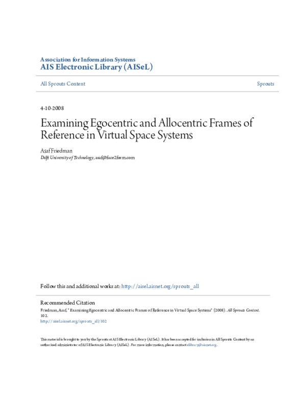 (PDF) Examining egocentric and allocentric frames of reference in virtual space systems