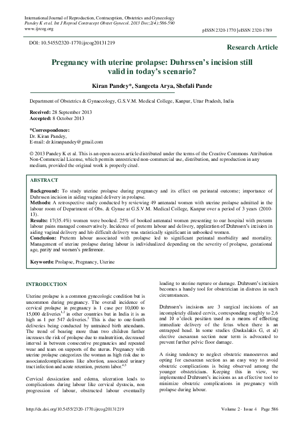 (PDF) Pregnancy with uterine prolapse: Duhrssen's incision still valid ...