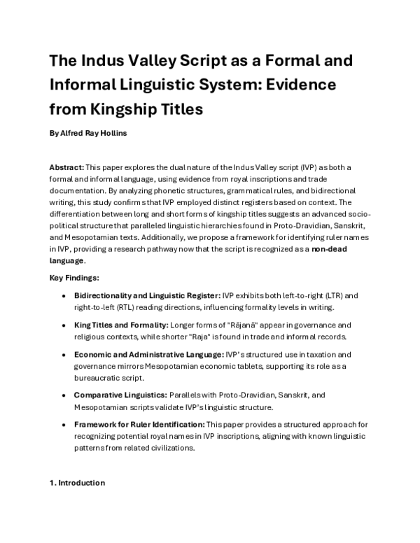 (PDF) The Indus Valley Script as a Formal and Informal Linguistic