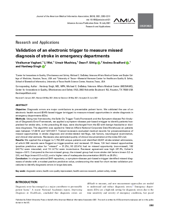 Pdf Validation Of An Electronic Trigger To Measure Missed Diagnosis Of Stroke In Emergency