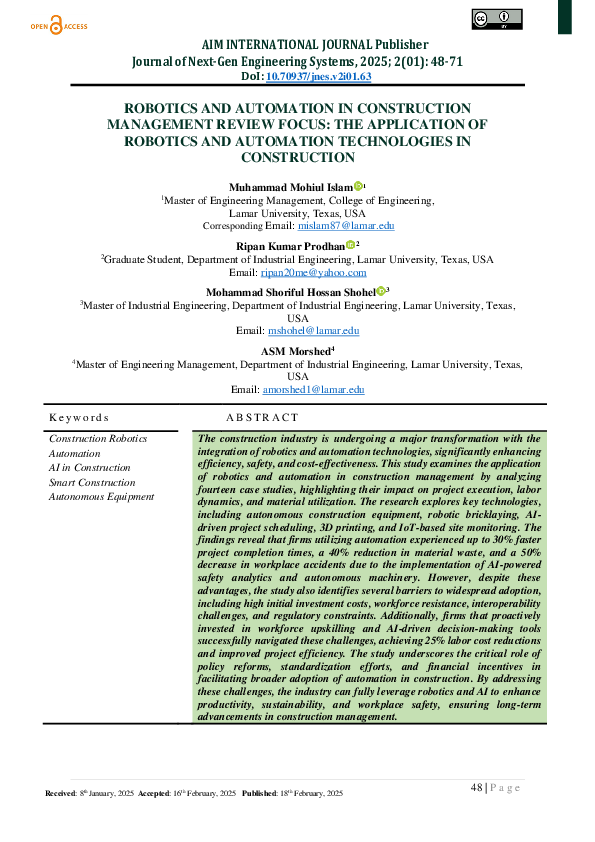 (PDF) ROBOTICS AND AUTOMATION IN CONSTRUCTION MANAGEMENT REVIEW FOCUS ...