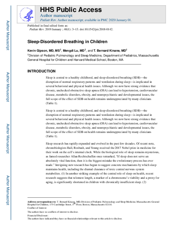 Pdf Sleep Disordered Breathing In Children