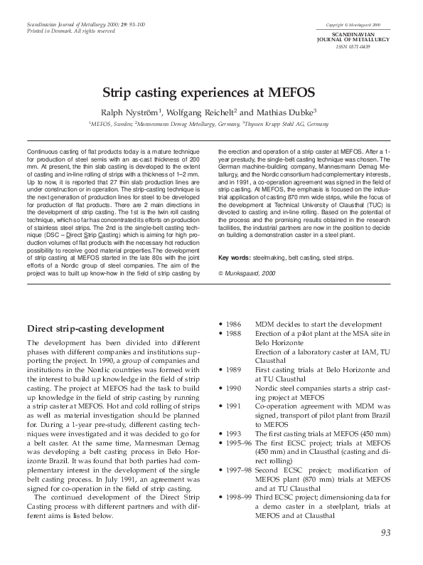 (PDF) Strip casting experiences at MEFOS
