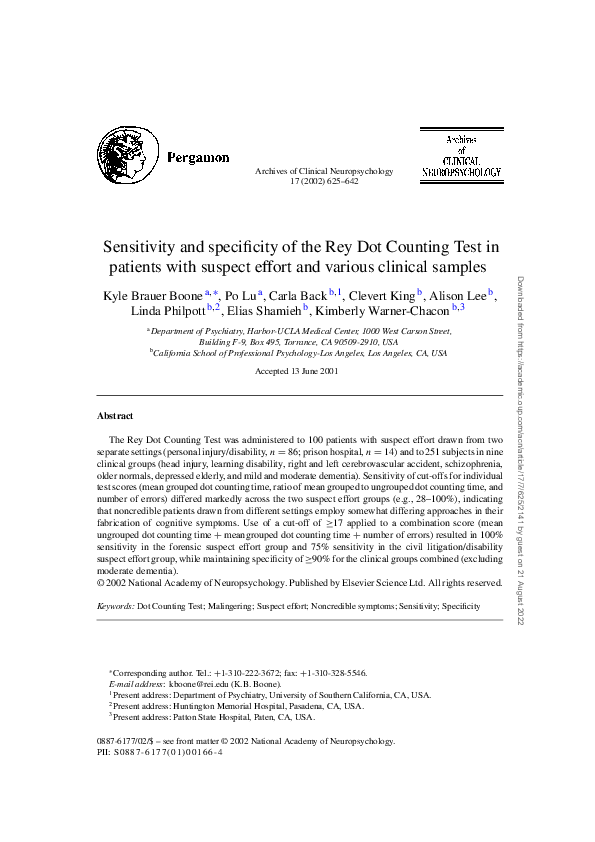 (PDF) Sensitivity and specificity of the Rey Dot Counting Test in ...