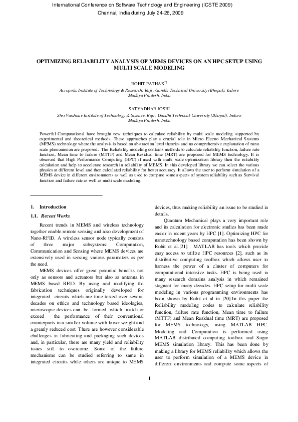 (PDF) Optimizing Reliability Analysis of Mems Devices on an HPC Setup Using Multi Scale Modeling