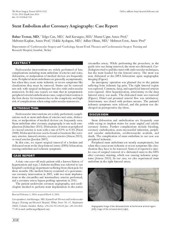(PDF) Stent Embolism after Coronary Angiography: Case Report